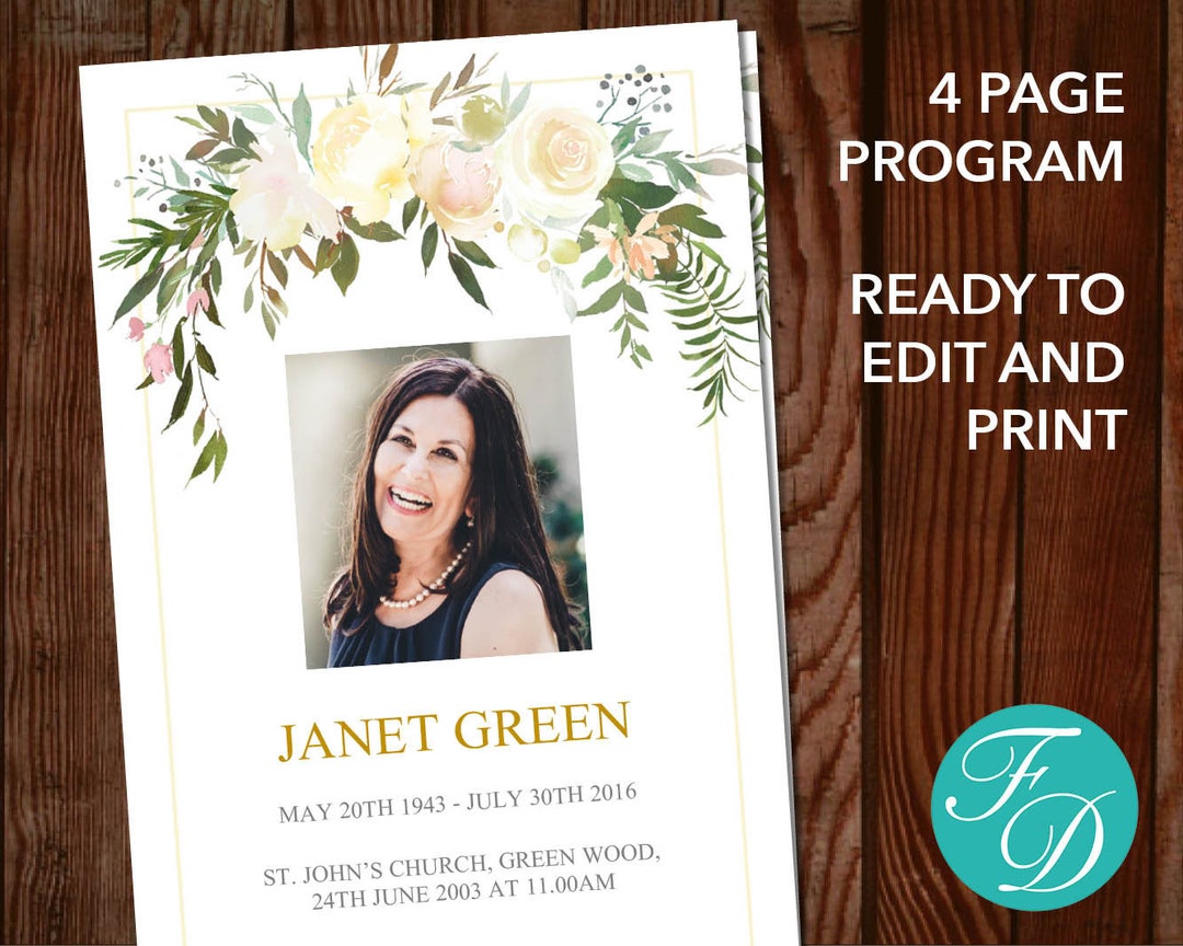 Funeral Program Template With Flowers Celebration of Life Program ...