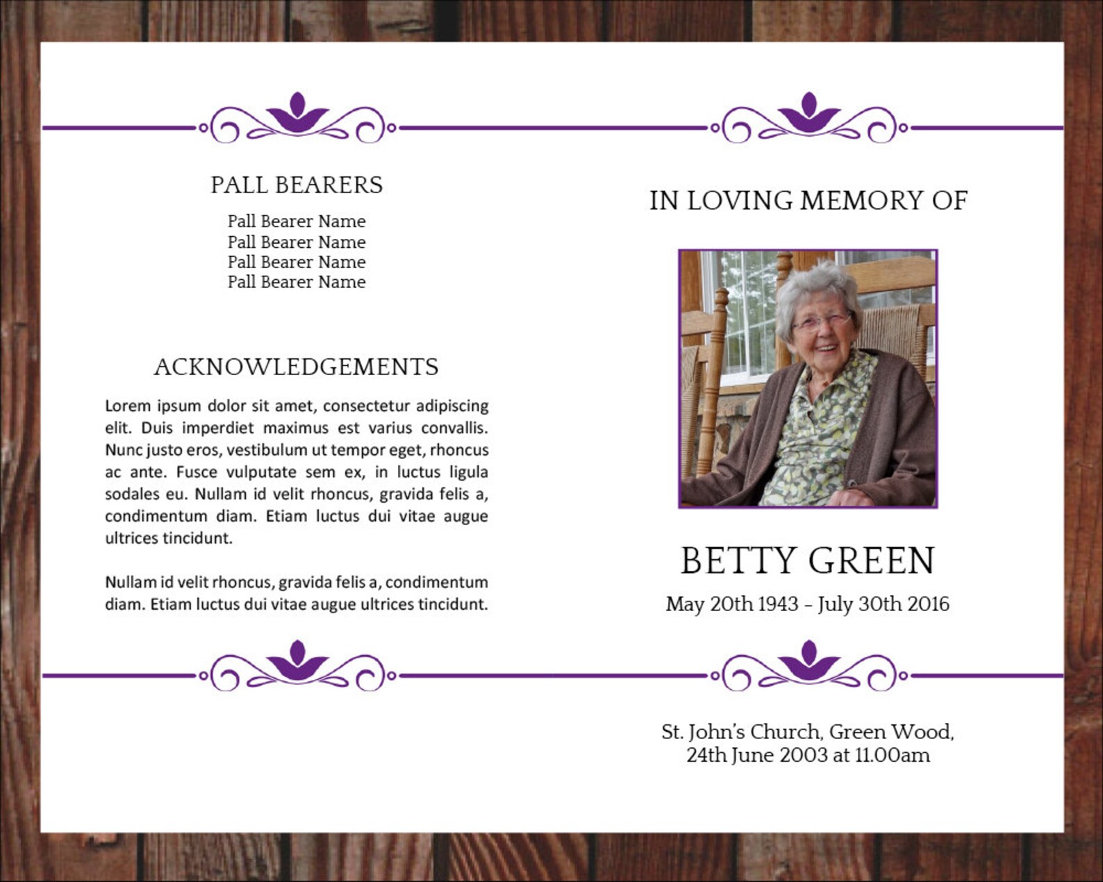 Classic Funeral Program Template With Purple Border | Etsy