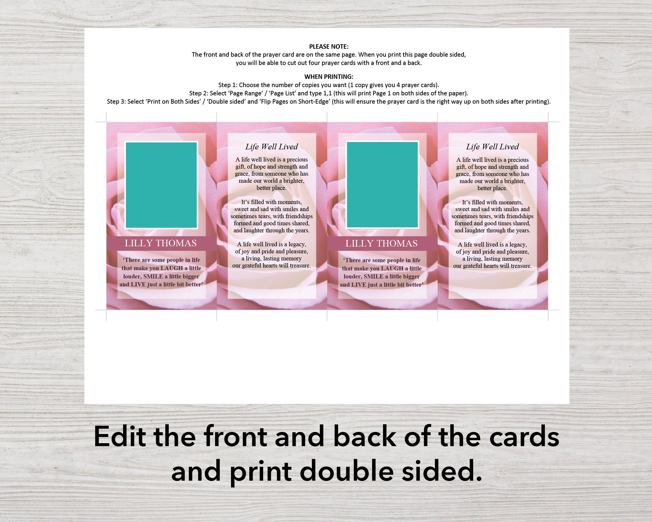 Pink Rose Funeral Prayer Card Funeral Template Funeral - Etsy