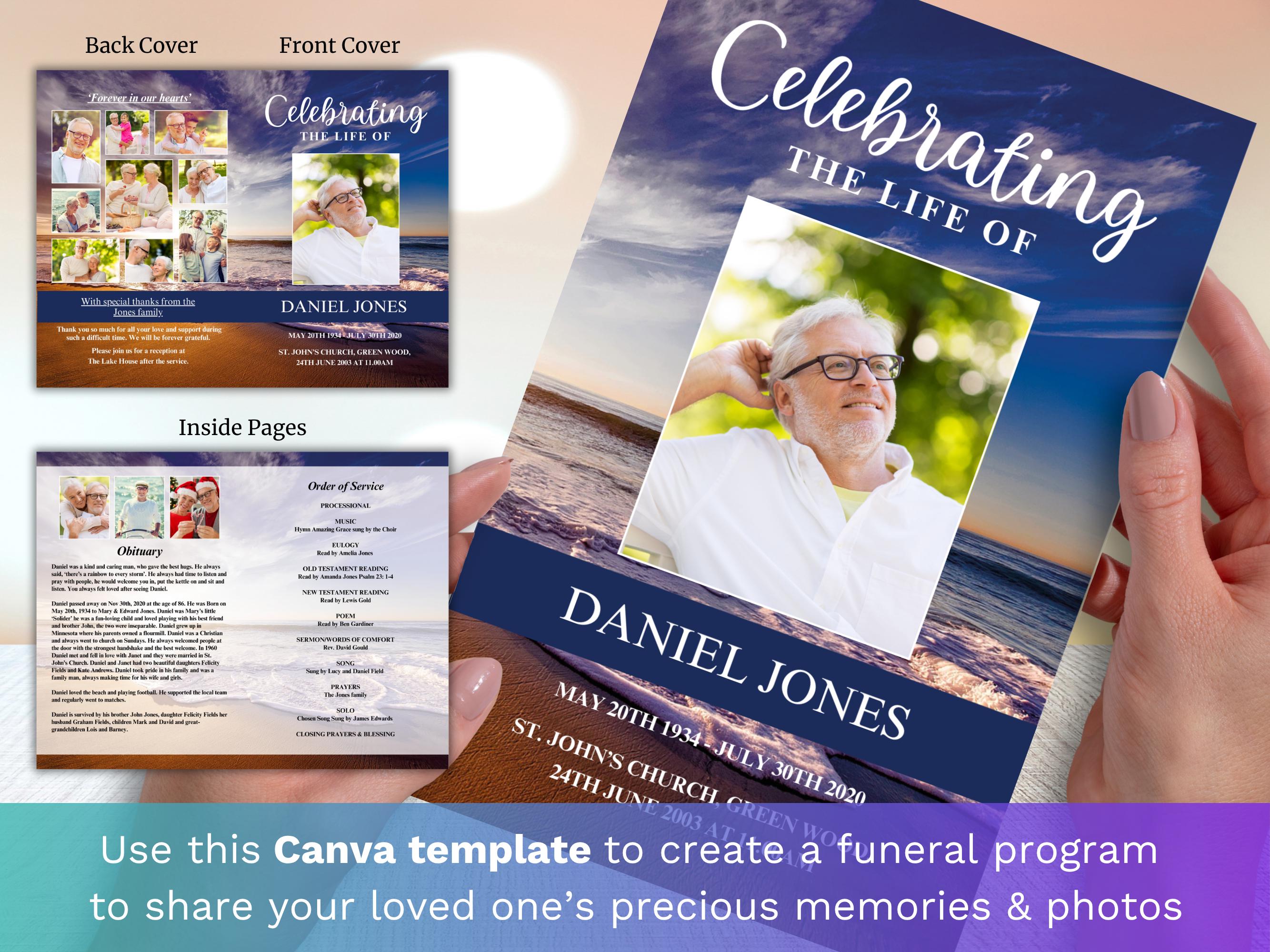 Sunset Canva Funeral Program Template: 4 Page Memorial Program is Easy ...