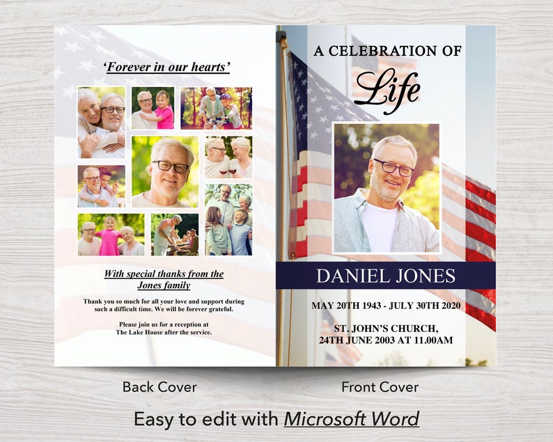 American Flag Funeral Program Template Military Funeral - Etsy