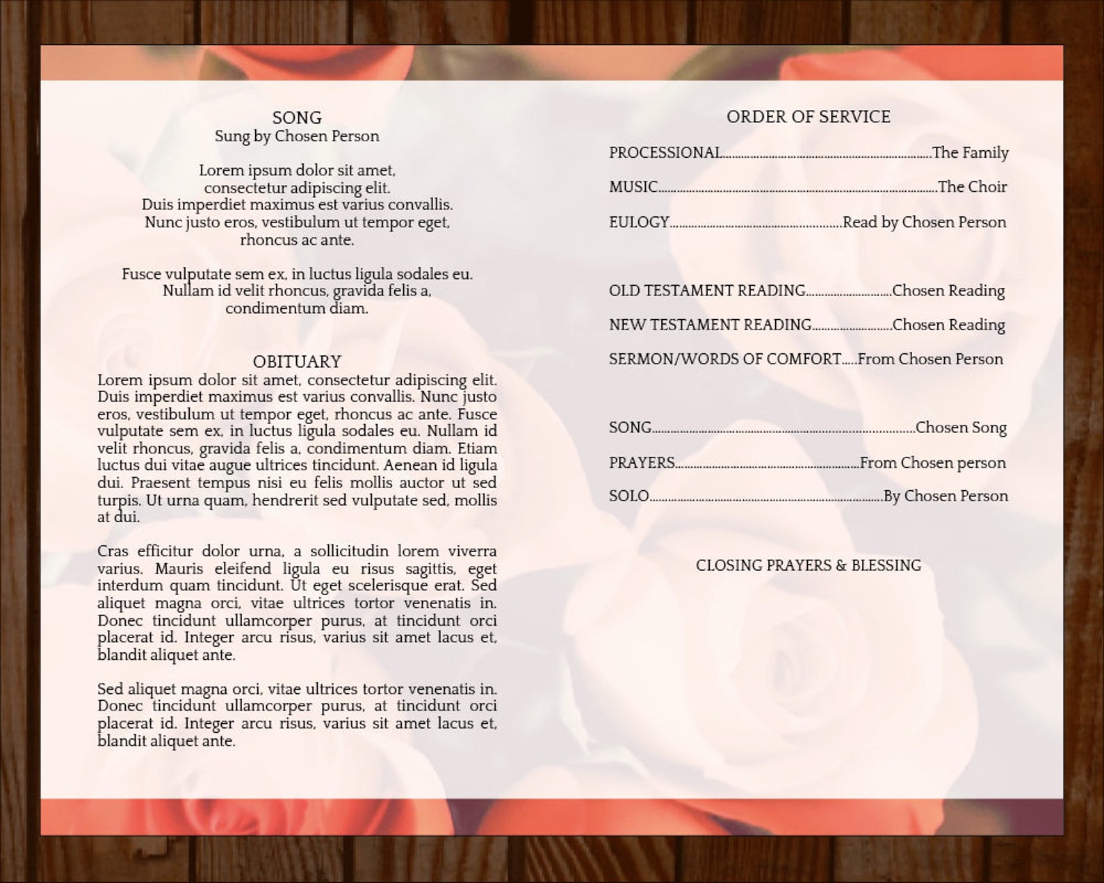 Rose Funeral Program Template Celebration of Life Program - Etsy UK