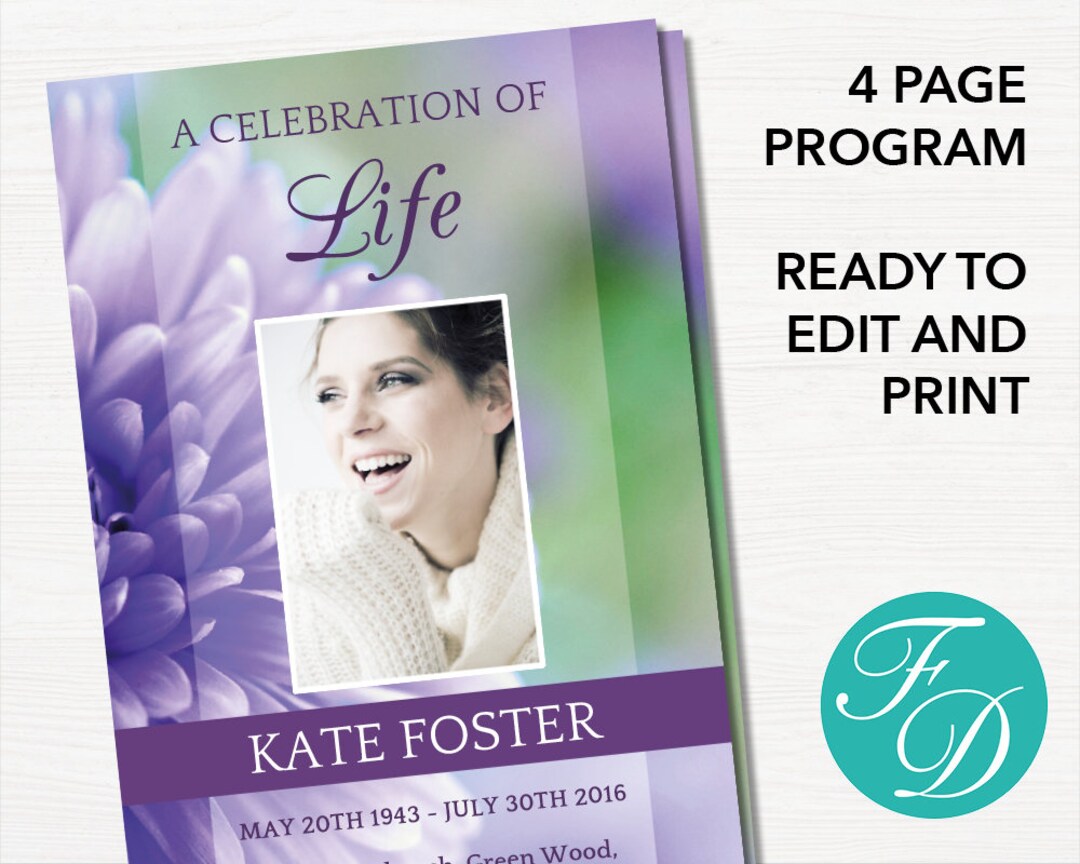 Purple Funeral Program Template Celebration of Life Program Obituary ...
