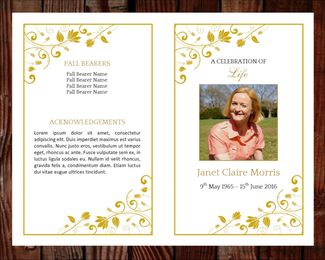 Gold Funeral Program Template Celebration of Life Program | Etsy