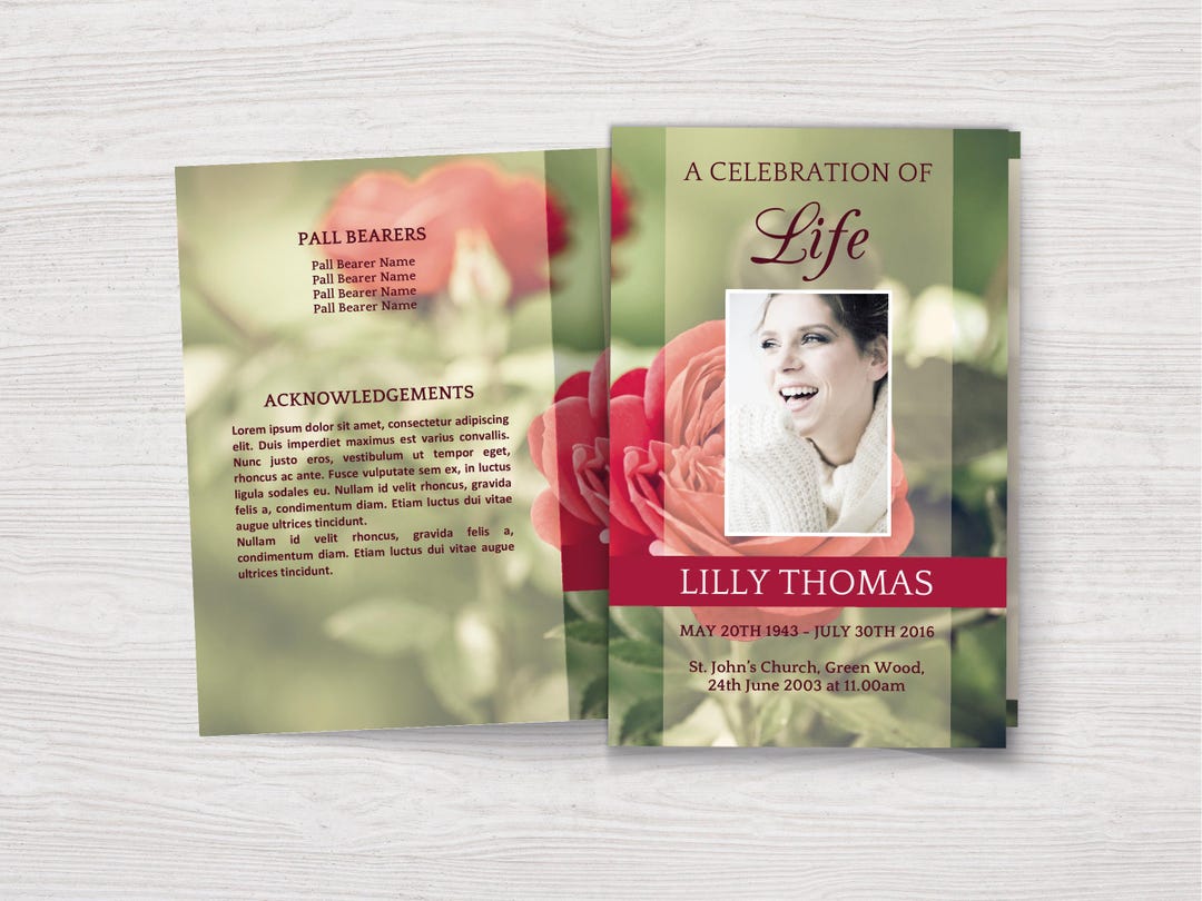 Red Rose Funeral Program Template | Bifold Funeral Booklet | Red Rose ...