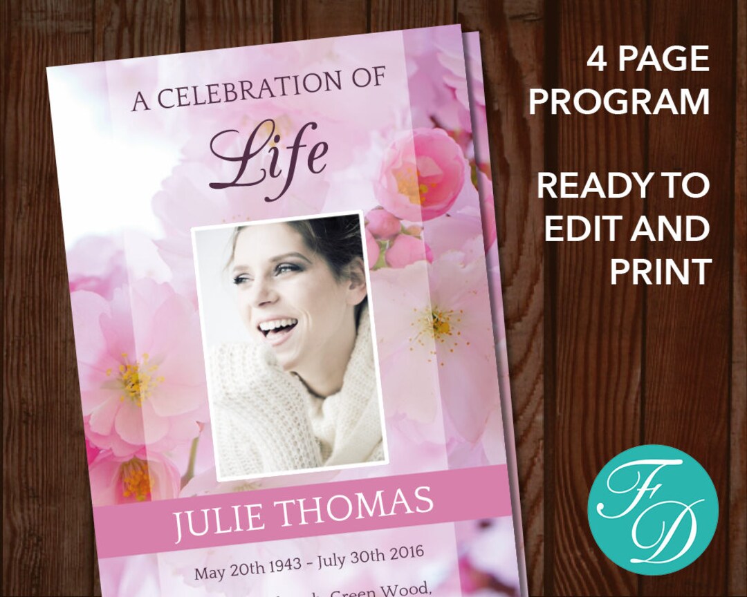 Pink Funeral Program Template Celebration of Life Program Floral ...