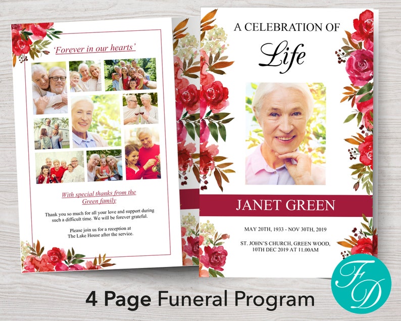 Funeral Program Template Red Rose Celebration of Life - Etsy