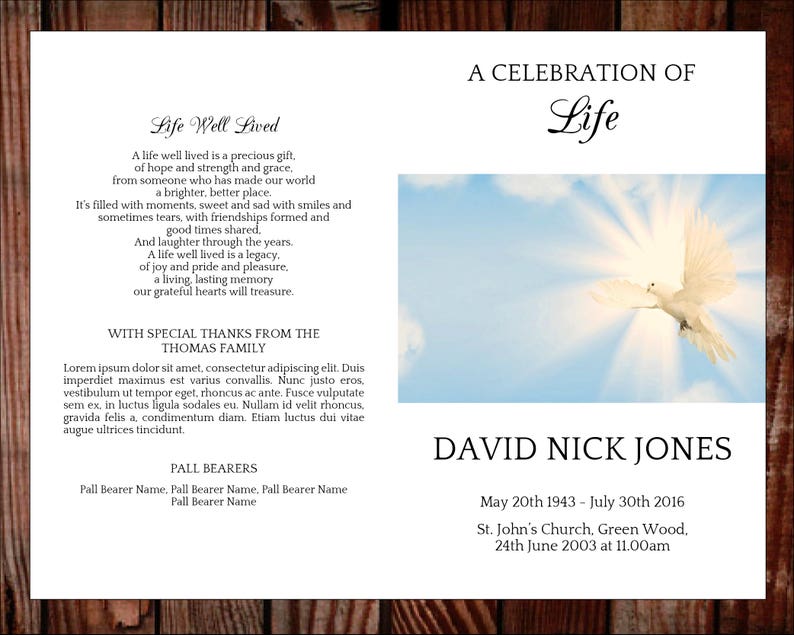 Dove Funeral Program Template Celebration of Life Program | Etsy