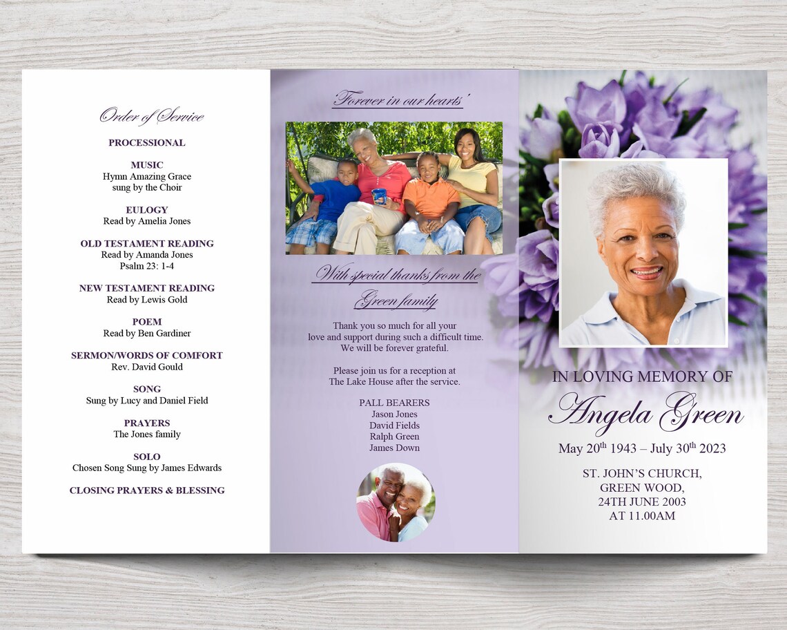 11x17 Trifold Funeral Program Template With Purple Flowers | Tabloid ...