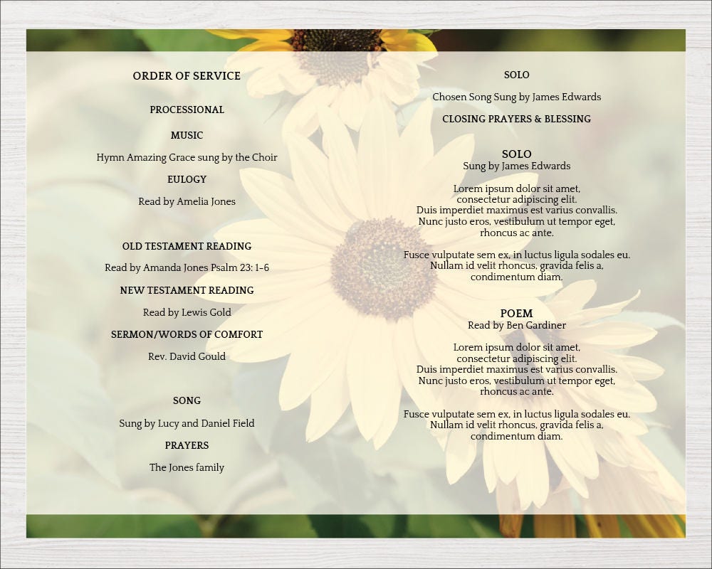 Sunflower Funeral Program Template 8 Page Order of Service - Etsy UK