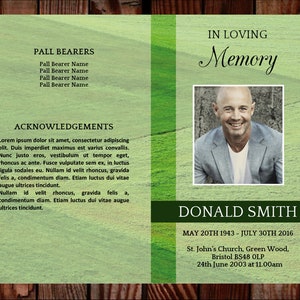 Green Funeral Program Template for Men | Green Celebration of Life ...