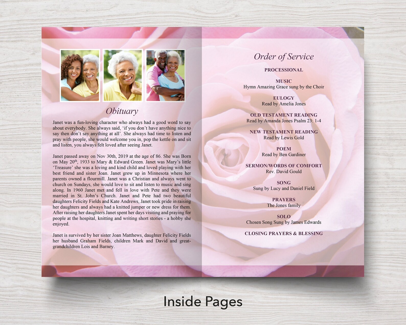 Pink Rose Funeral Program Template Obituary Template Order - Etsy UK