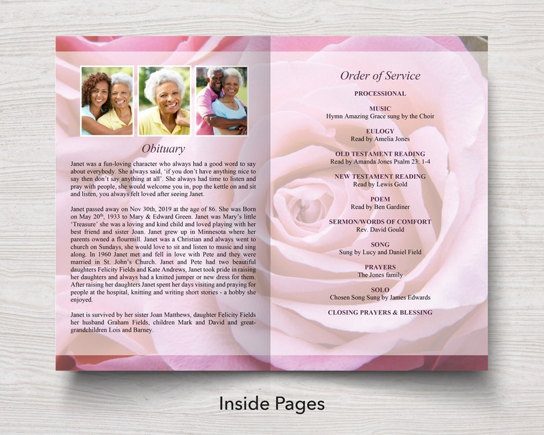 Pink Rose Funeral Program Template Obituary Template Order - Etsy