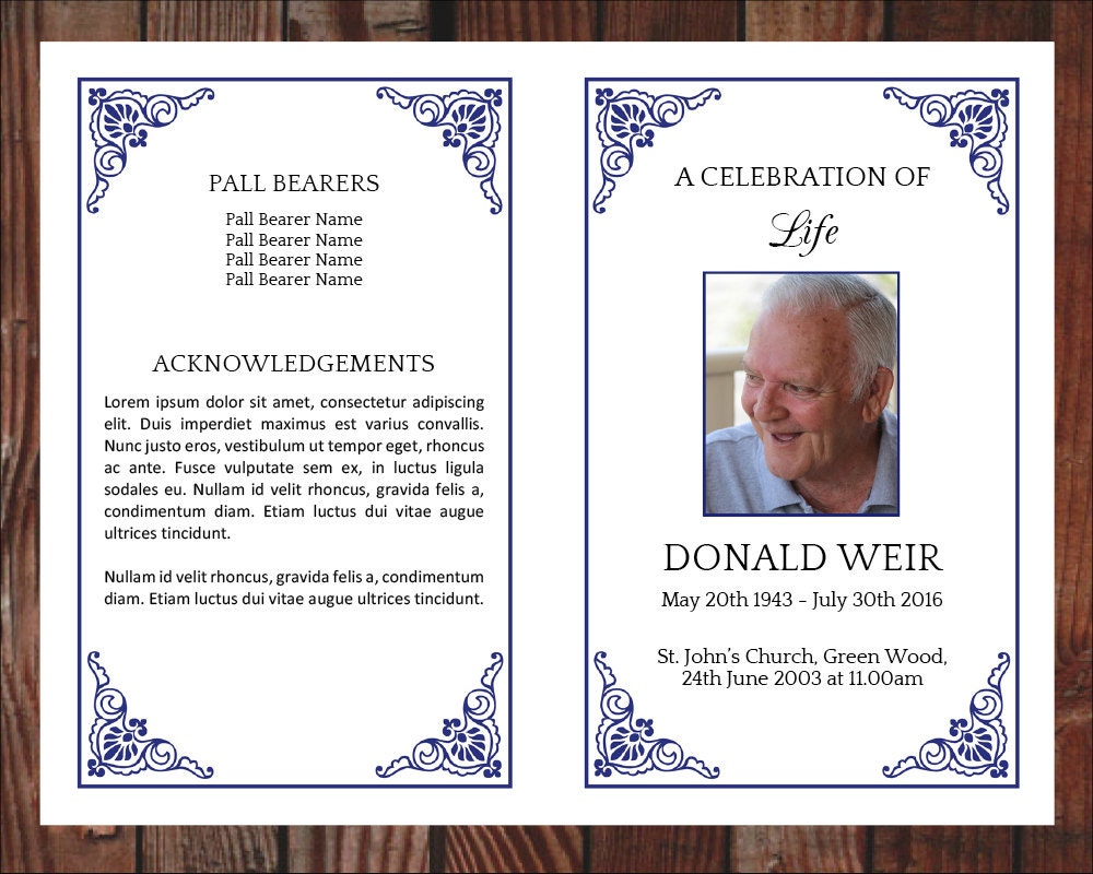 Blue Funeral Program Template for Men Celebration of Life - Etsy