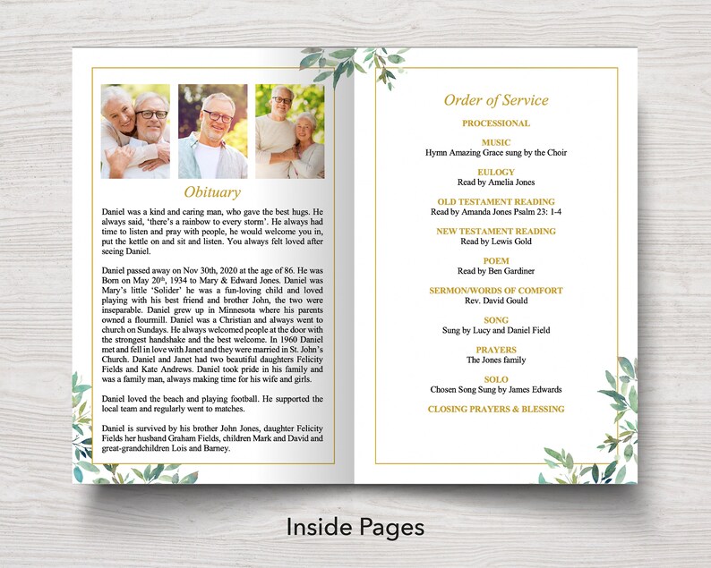 Green Leaf Funeral Program Template for Men Celebration of - Etsy