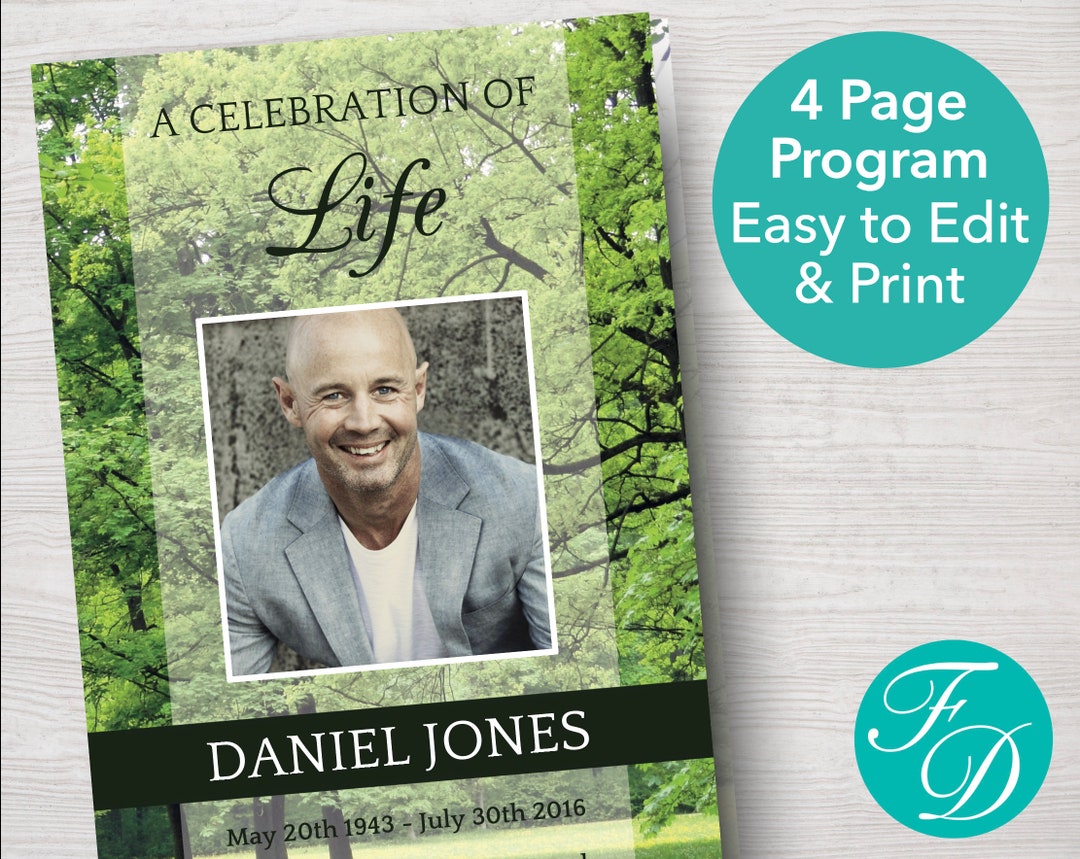 Green Woodland Funeral Program Template Celebration of Life Program ...
