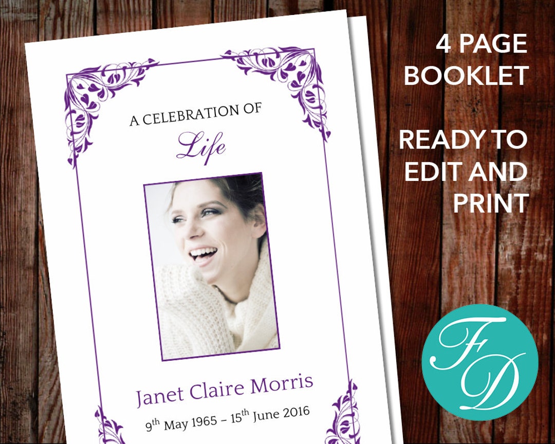 Purple Classic Funeral Program Template Funeral Program Word ...