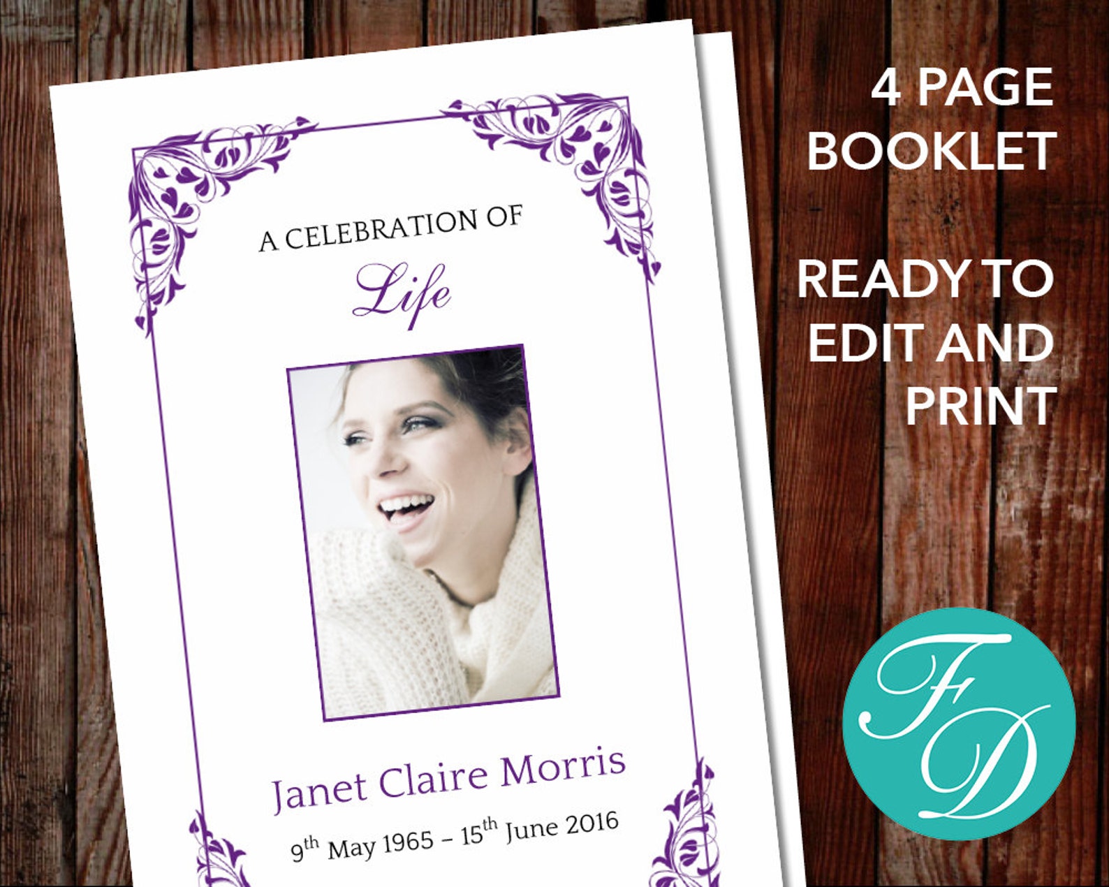 Purple Classic Funeral Program Template Funeral Program Word | Etsy UK