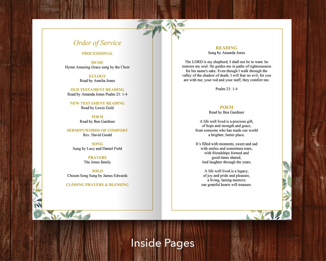12 Page Funeral Program Template With Green Leaves | Obituary Template ...
