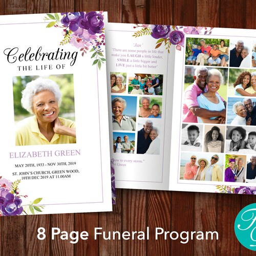 8 Page Purple Flowers Funeral Program Template Celebration of - Etsy