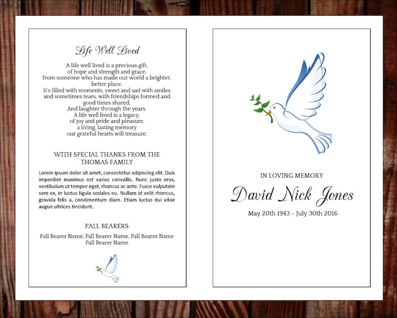 Dove Funeral Program Template Dove Celebration of Life - Etsy UK