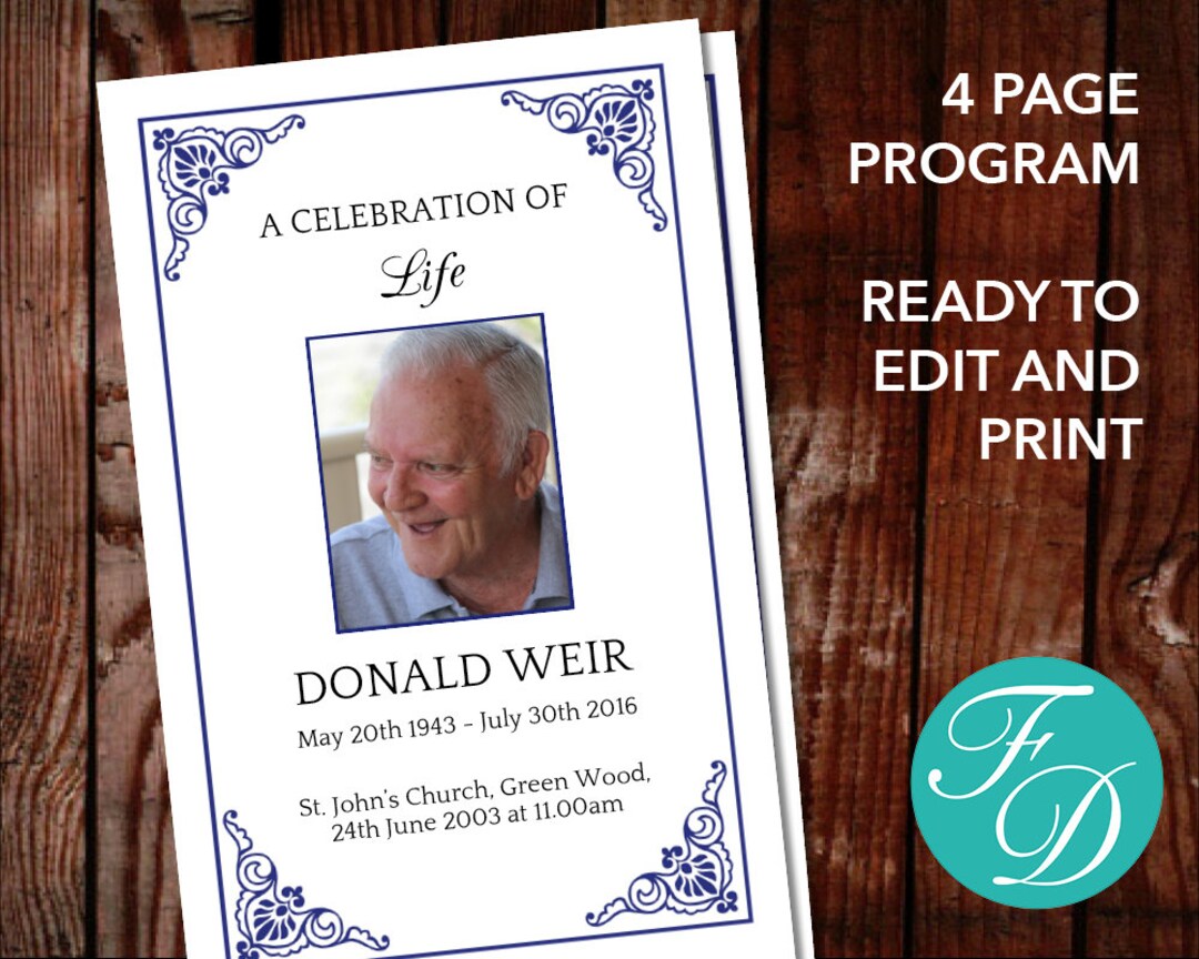 Blue Funeral Program Template for Men | Celebration of Life Program ...