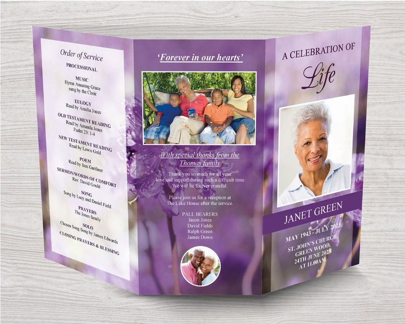 11x17 Trifold Funeral Program Template With Purple Flowers | Tabloid ...