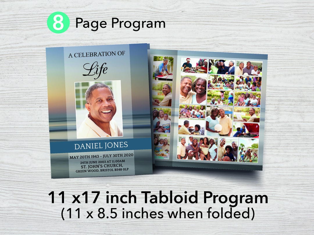 Manly Funeral Program Template With 8 Pages | 11x17 Obituary Booklet ...