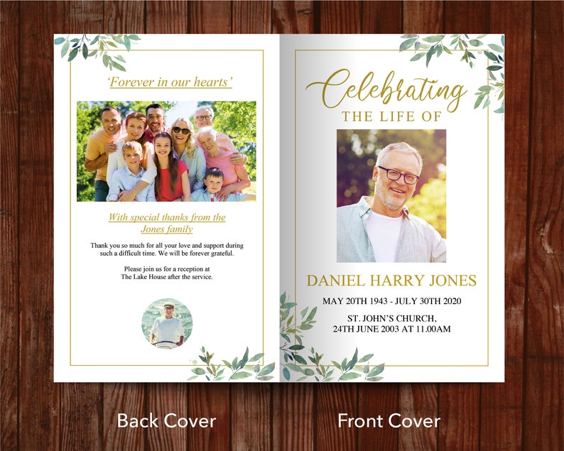 12 Page Funeral Program Template With Green Leaves | Obituary Template ...