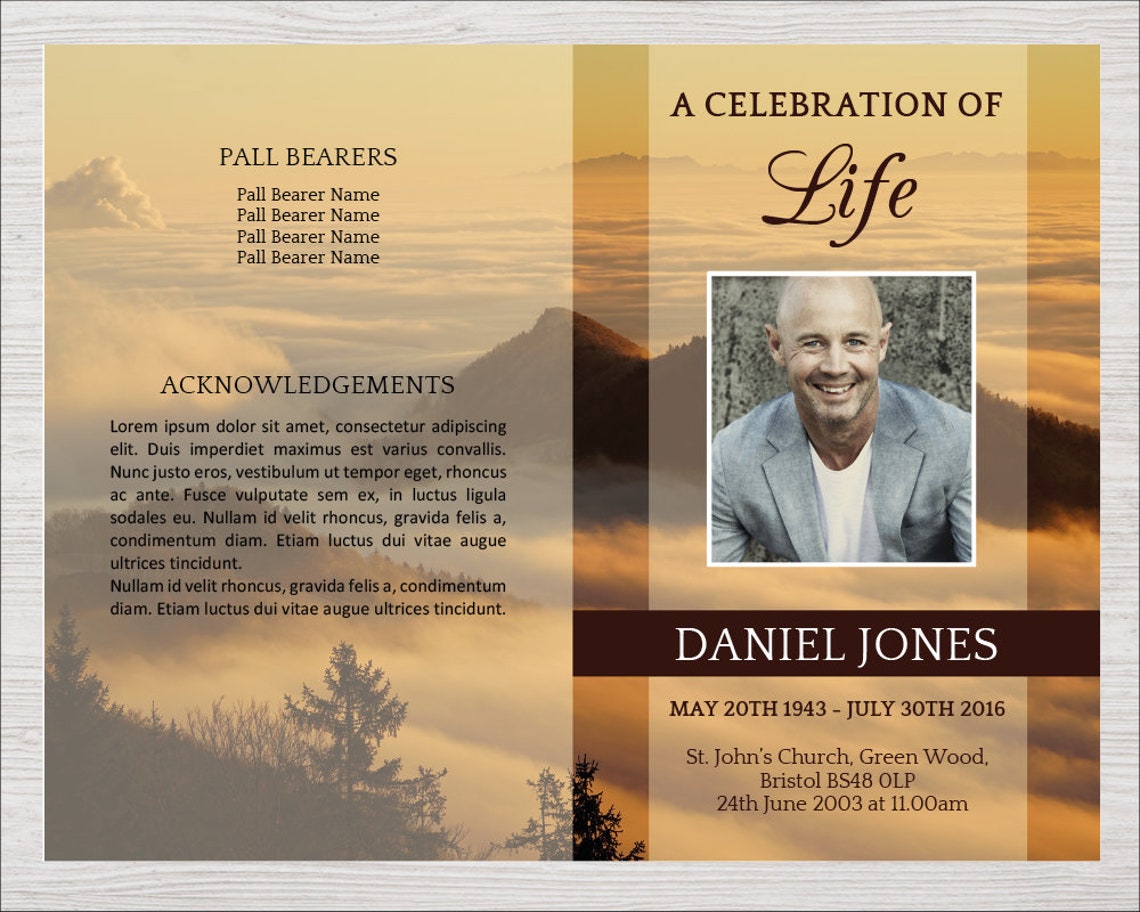 Sunset Funeral Program Template for Man | Celebration of Life Program ...