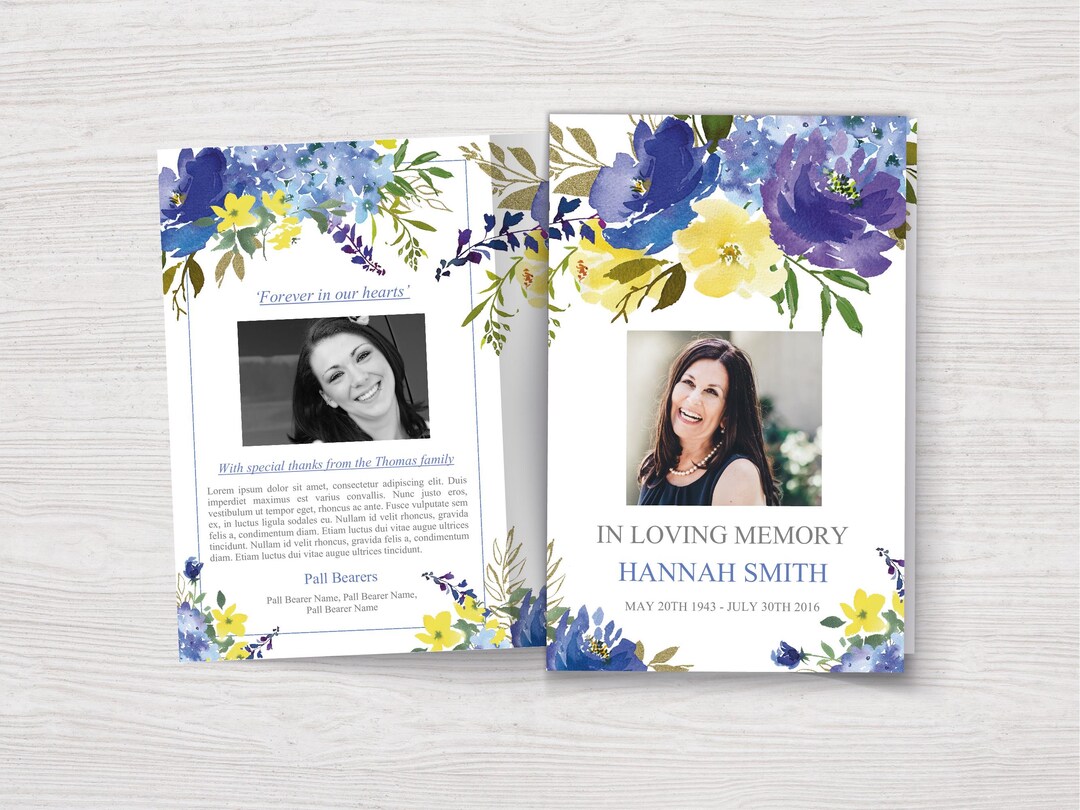 Blue Funeral Program Template | Elegant Obituary Booklet | Bifold ...