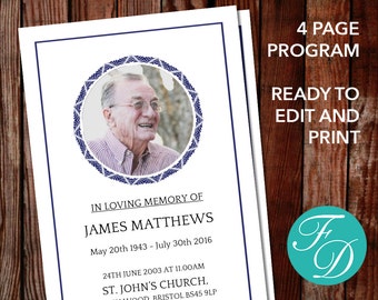 Classic Funeral Program Template, Funeral Order of Service, Obituary ...