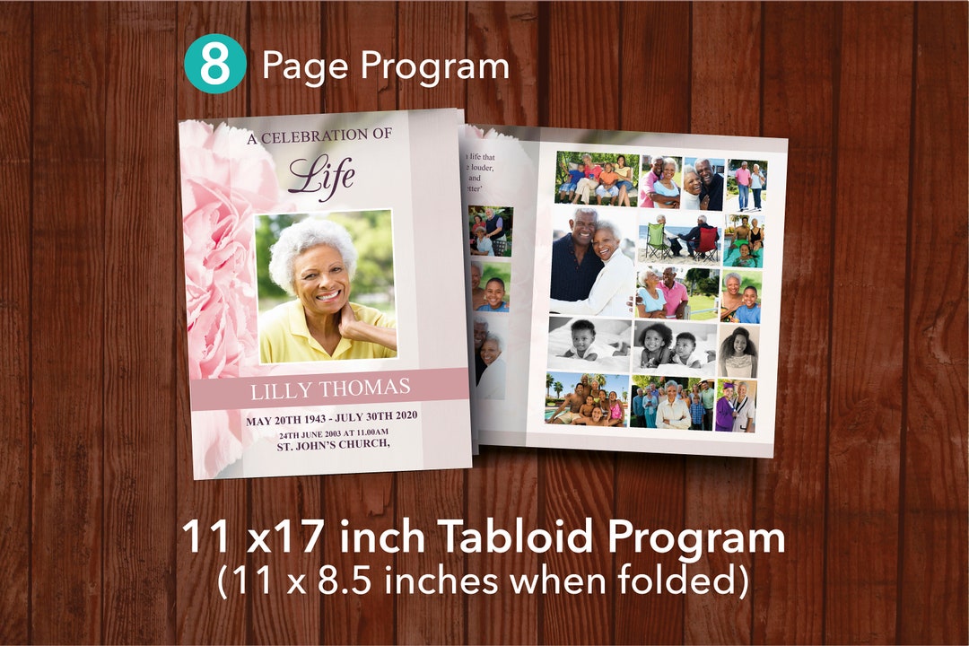 11x17 Funeral Program Template | 8 Page, Tabloid Size, Pink Carnations ...