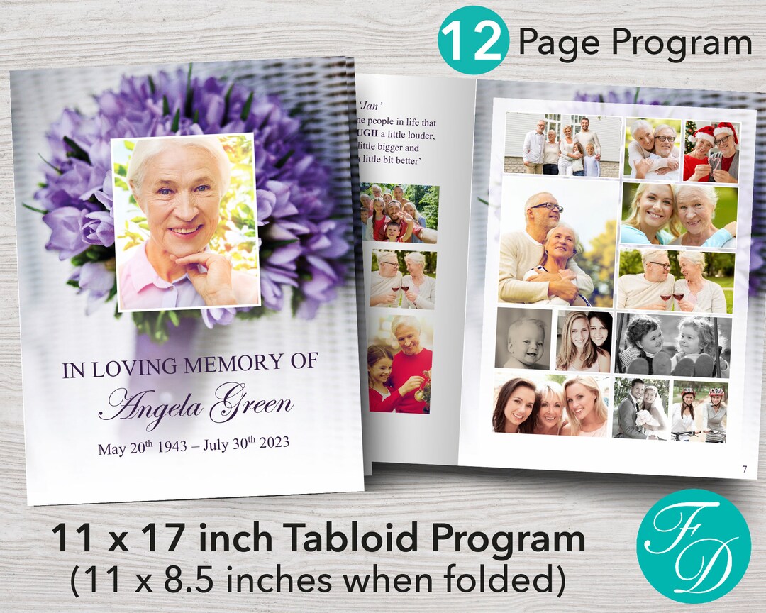 11x17 Funeral Program Template for Woman With 12 Pages Purple Obituary ...