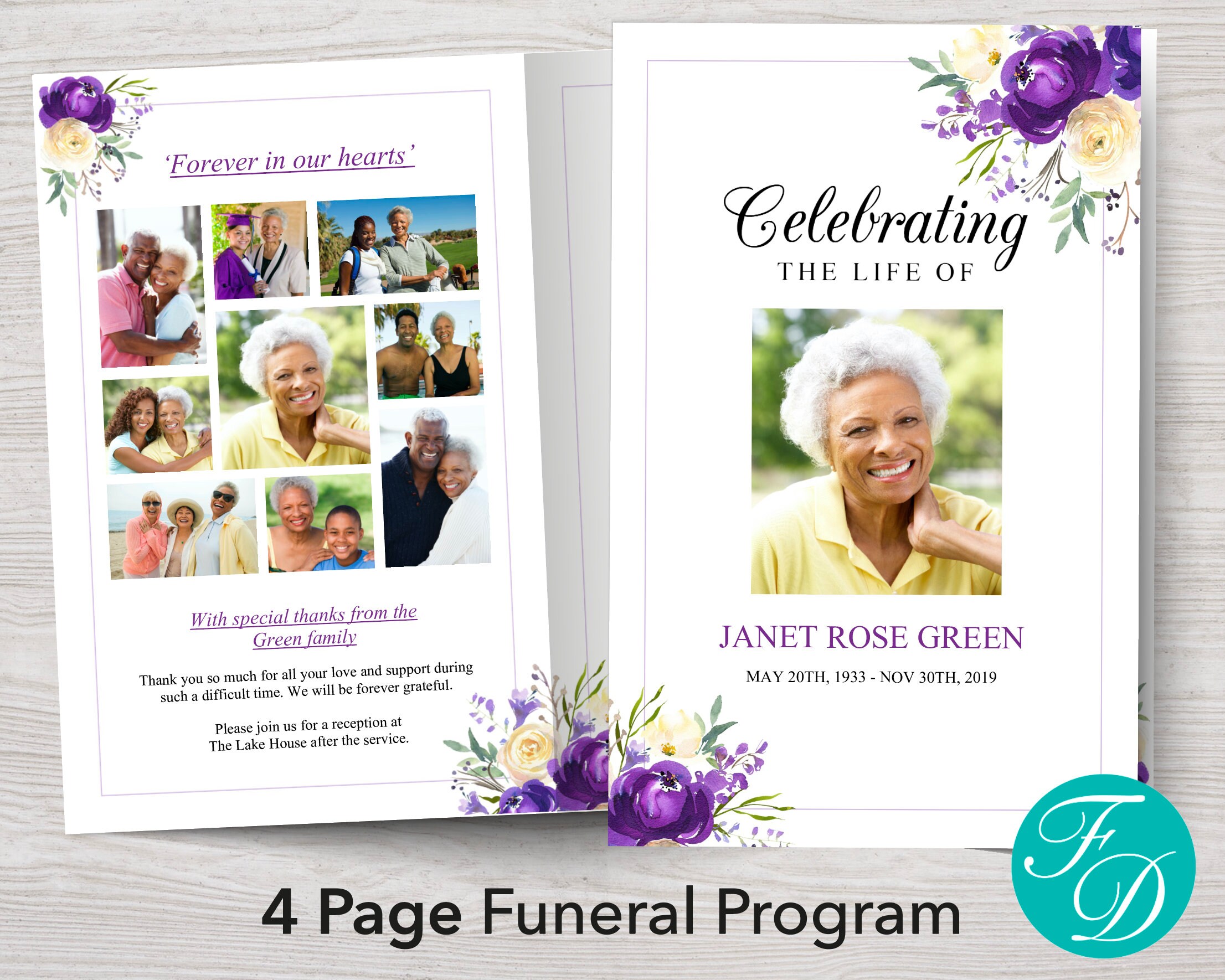 Purple Funeral Program Template Celebration of Life Program | Etsy