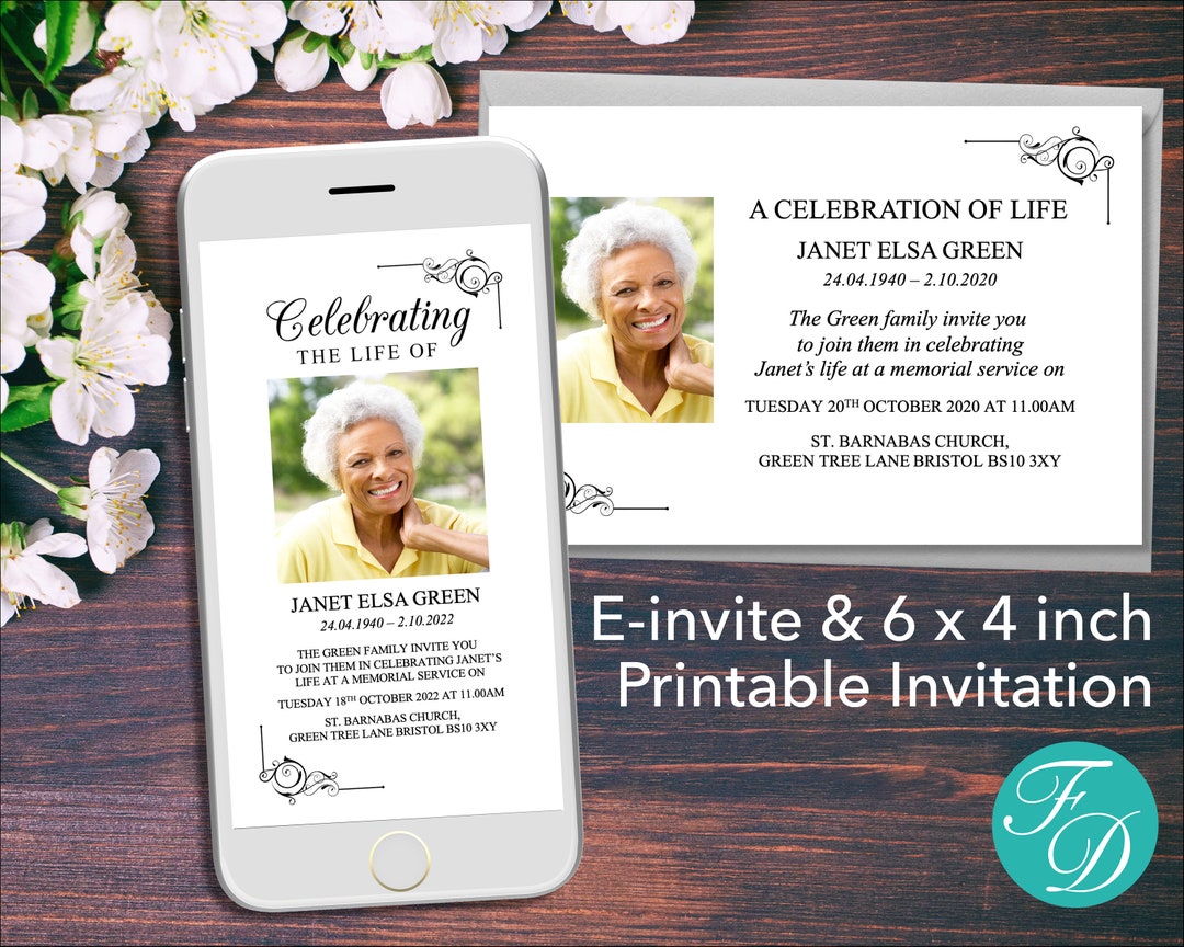 Funeral E-invite & Invitation Card Celebration of Life Invitation ...