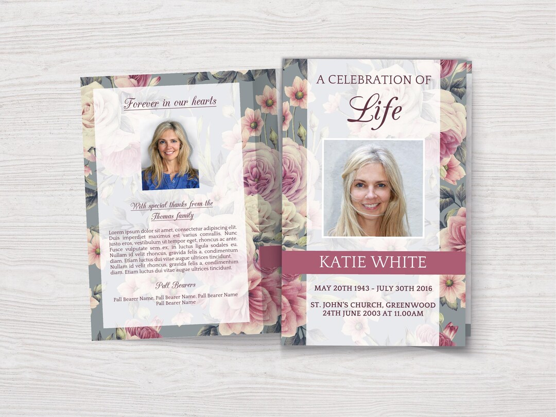 Pink Rose Funeral Program Template | in Loving Memory Program | Loss of ...