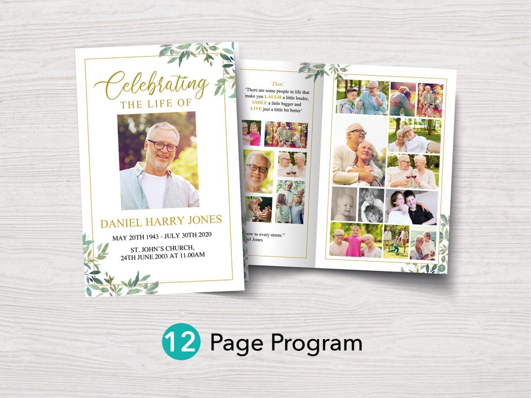 12 Page Funeral Program Template With Green Leaves | Obituary Template ...
