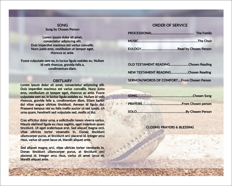 Baseball Funeral Program Template Baseball Celebration of | Etsy