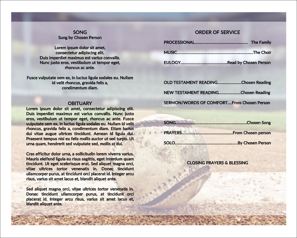 Baseball Funeral Program Template Baseball Celebration of - Etsy