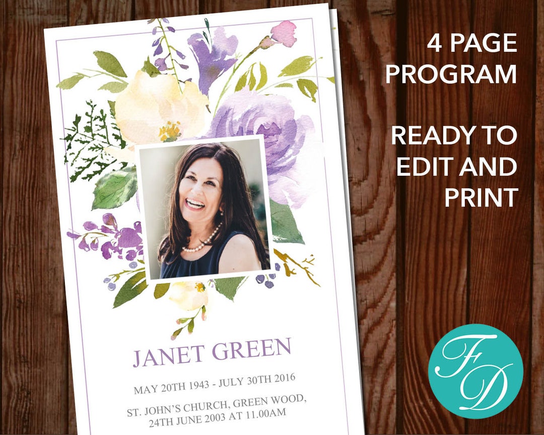 Printable Funeral Program Template Watercolor Celebration of Life ...