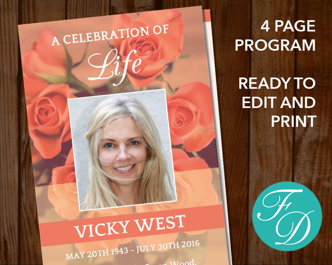 Rose Funeral Program Template Celebration of Life Program Rose Memorial ...