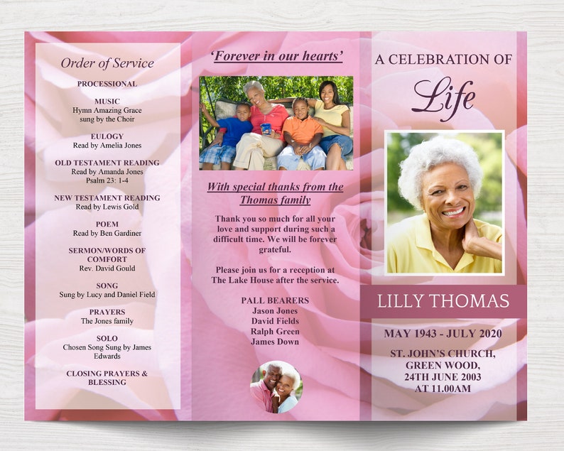 Trifold Funeral Program Template For Women With Pink Roses Etsy Free 