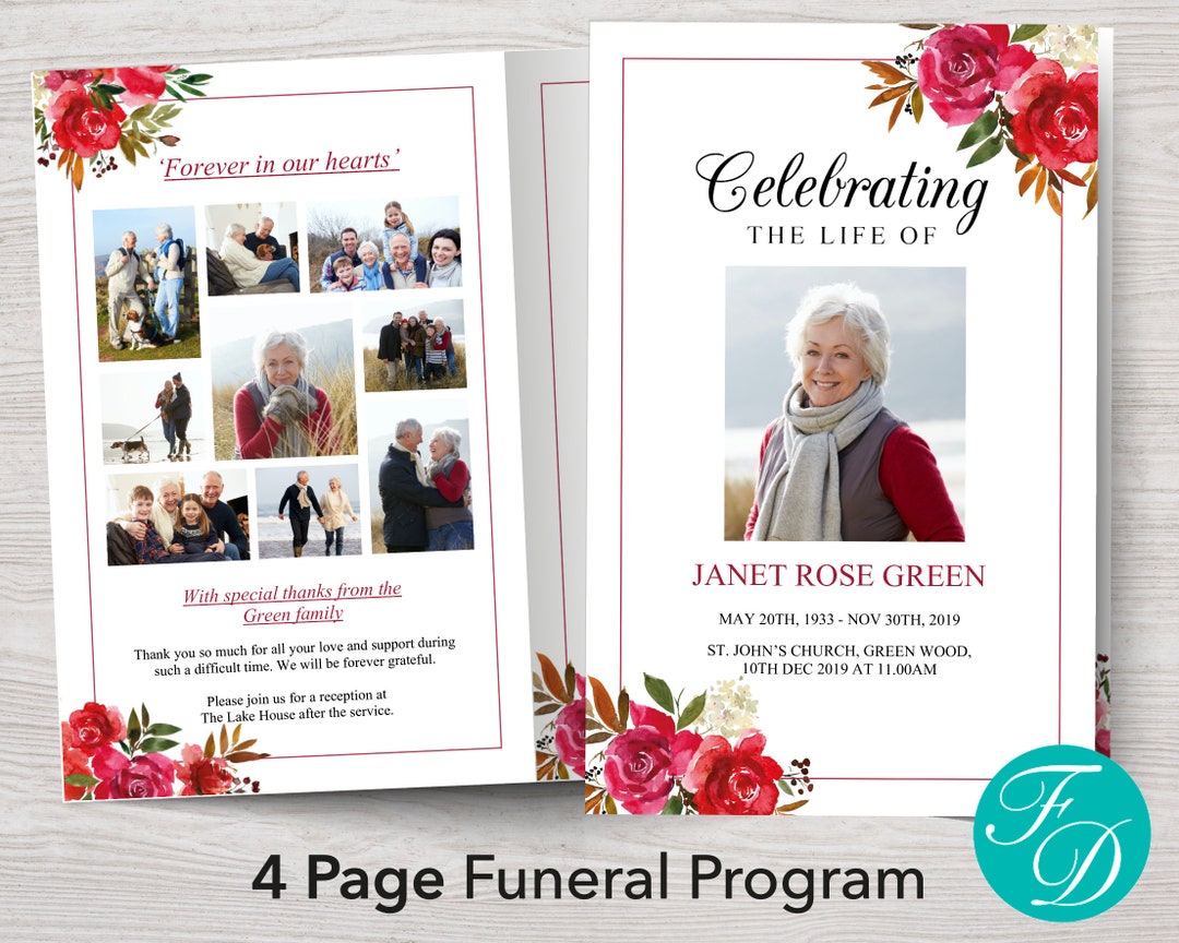 Red Rose Funeral Program Template| Obituary Template | Celebration of ...