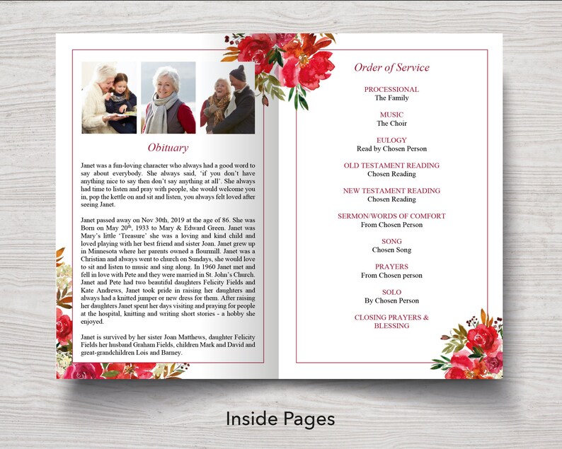Red Rose Funeral Program Template Obituary Template - Etsy