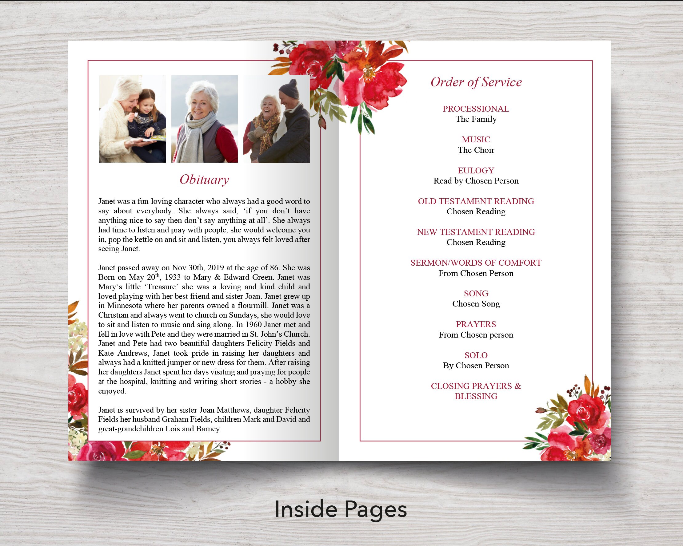 Red Rose Funeral Program Template Obituary Template | Etsy UK