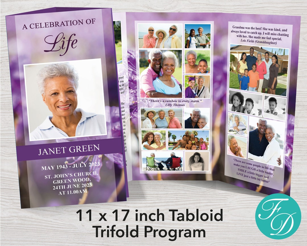 11x17 Trifold Funeral Program Template With Purple Flowers Tabloid Tri ...