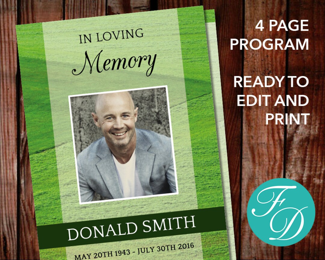 Green Funeral Program Template for Men Green Celebration of Life ...