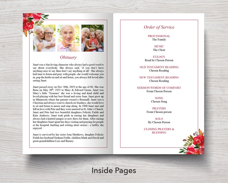 Funeral Program Template Red Rose Celebration of Life - Etsy