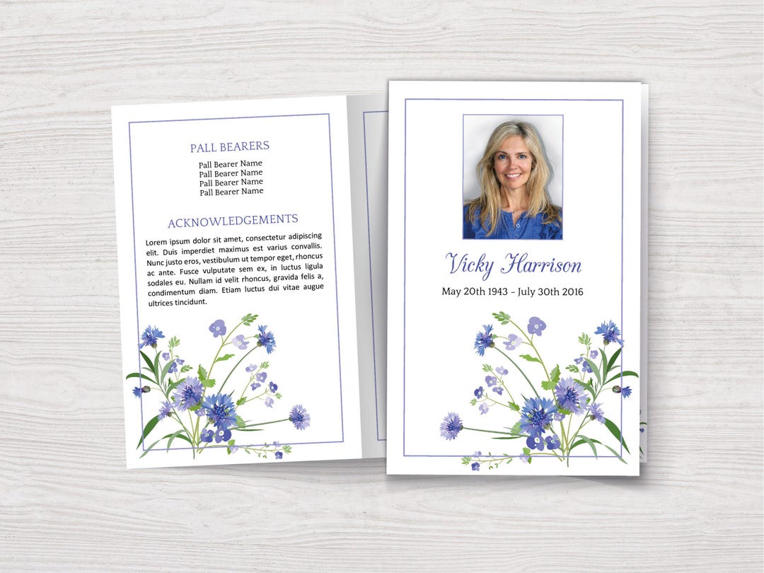 Blue Funeral Program Template With Wild Flowers | Bifold Funeral ...